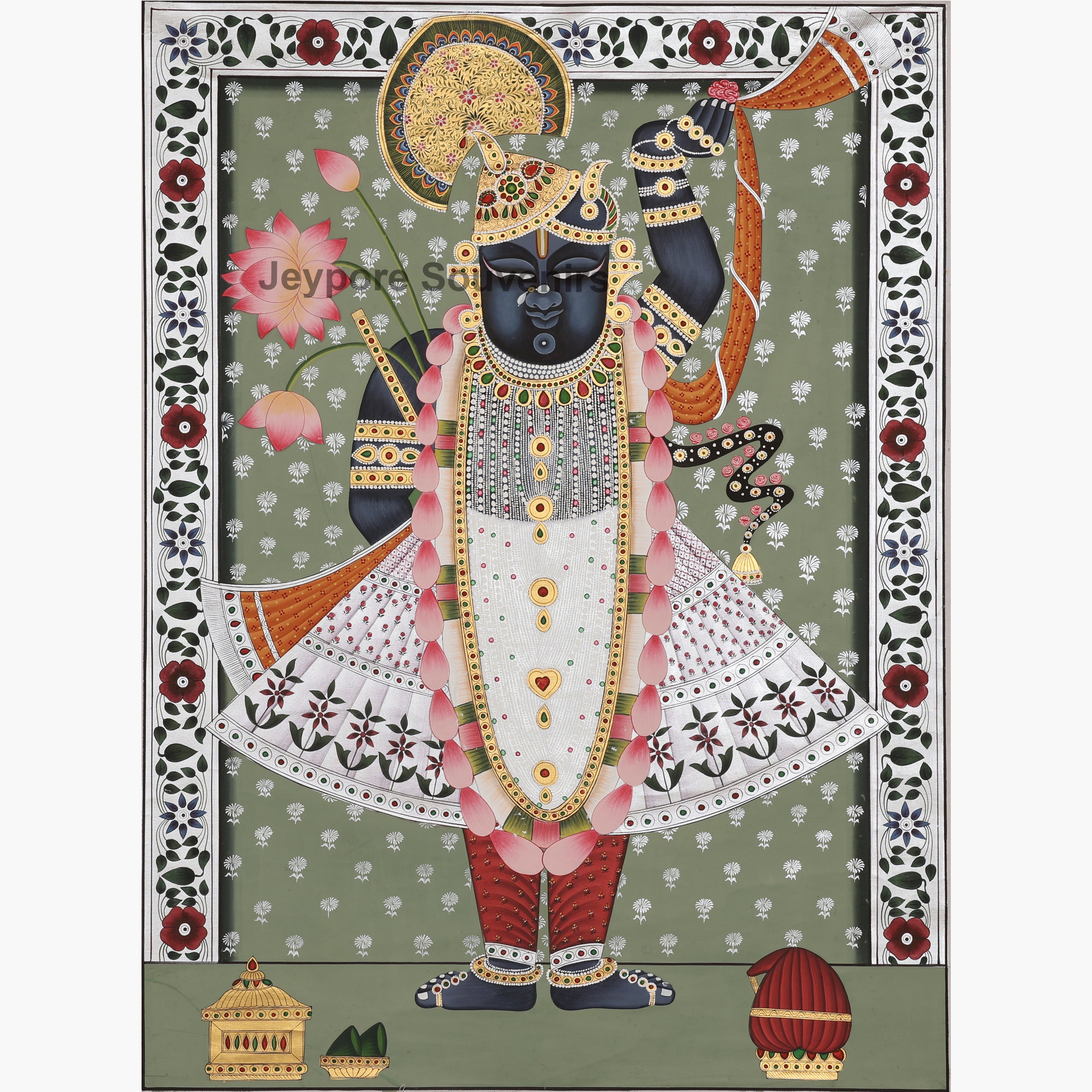 Krishna with Lotus and Ornate Floral Border - Hand-Painted Pichwai ...